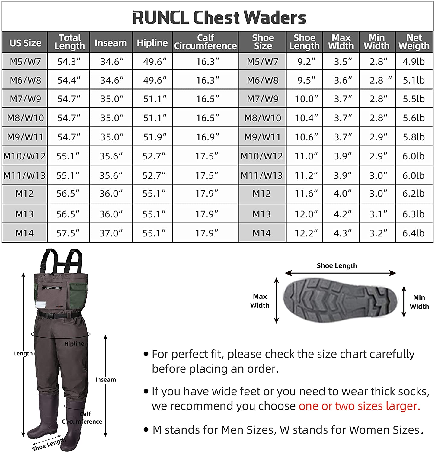 RUNCL Chest Waders, Waist-High Waders, BootFoot Waders- Brown M14