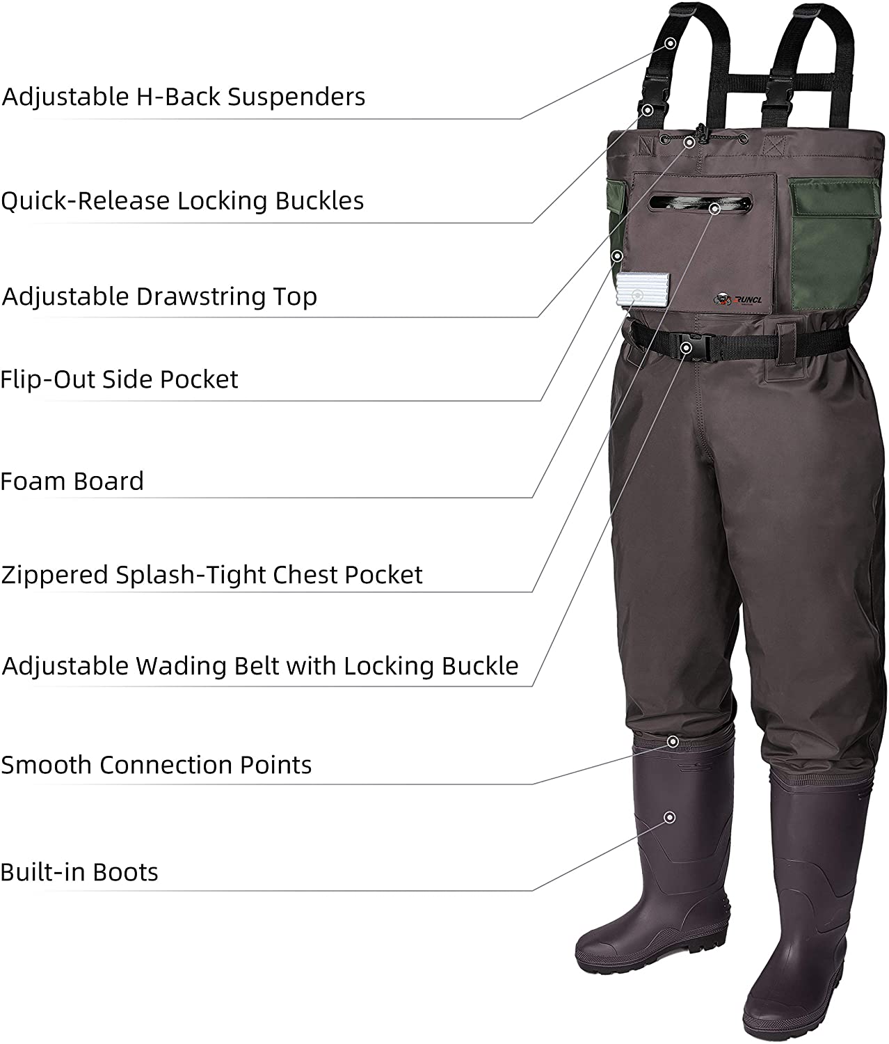 RUNCL Chest Waders, Waist-High Waders, BootFoot Waders- Brown M14